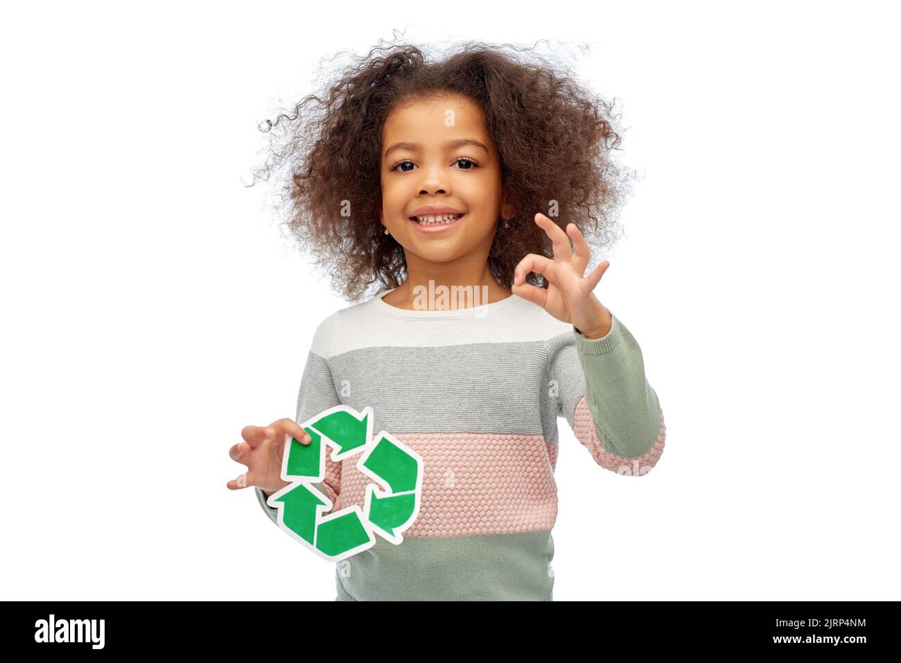 african american girl holding green recycling sign Stock Photo - Alamy