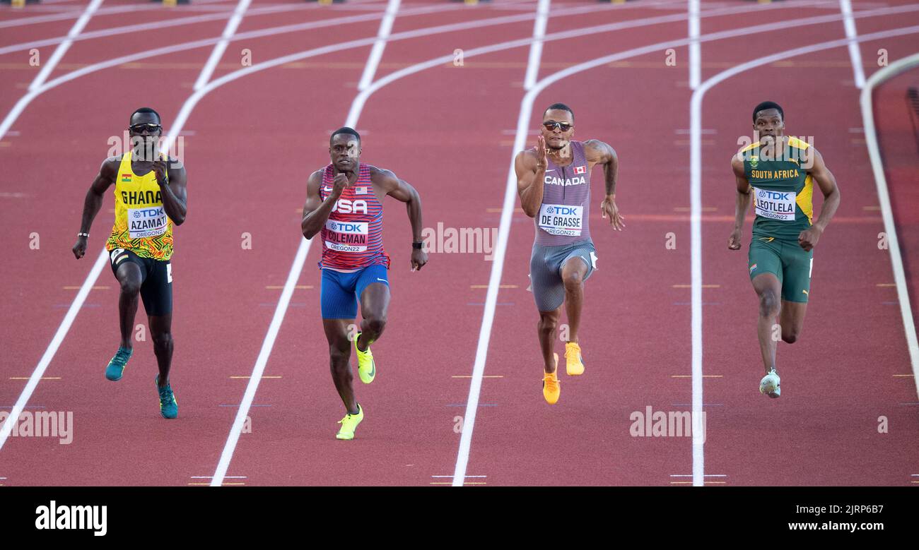 Christian Coleman, Andre De Grasse competing in the men’s 100m heats at ...