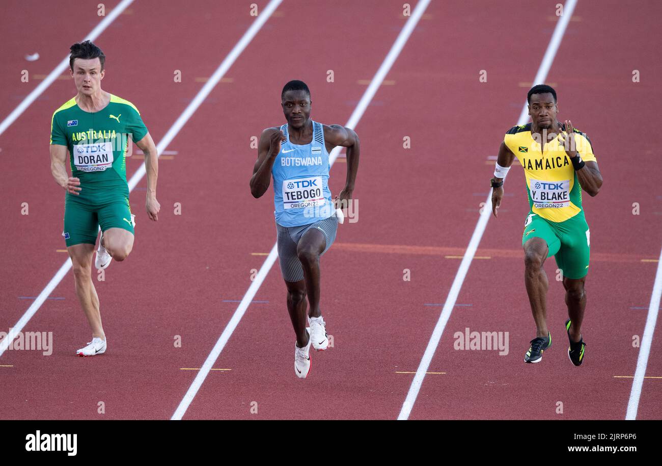 Jake Doran, Letsile Tebogo and Yohan Blake competing in the men’s 100m heats at the World ...