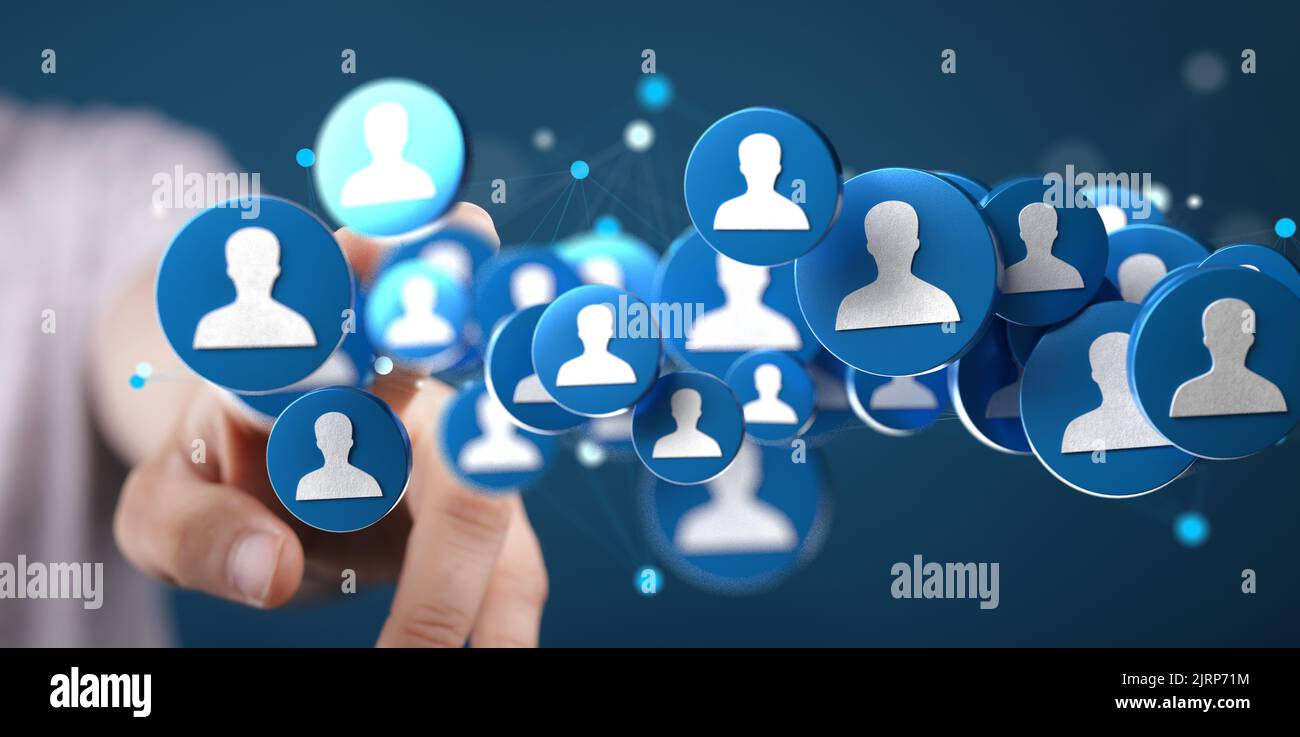 A finger pointing 3d floating digital illustration of the connected human icons-the concept of ...