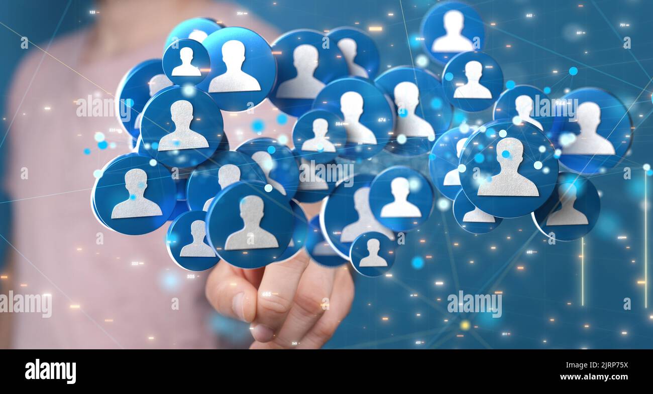 A finger pointing 3d floating digital illustration of the connected human icons-the concept of ...