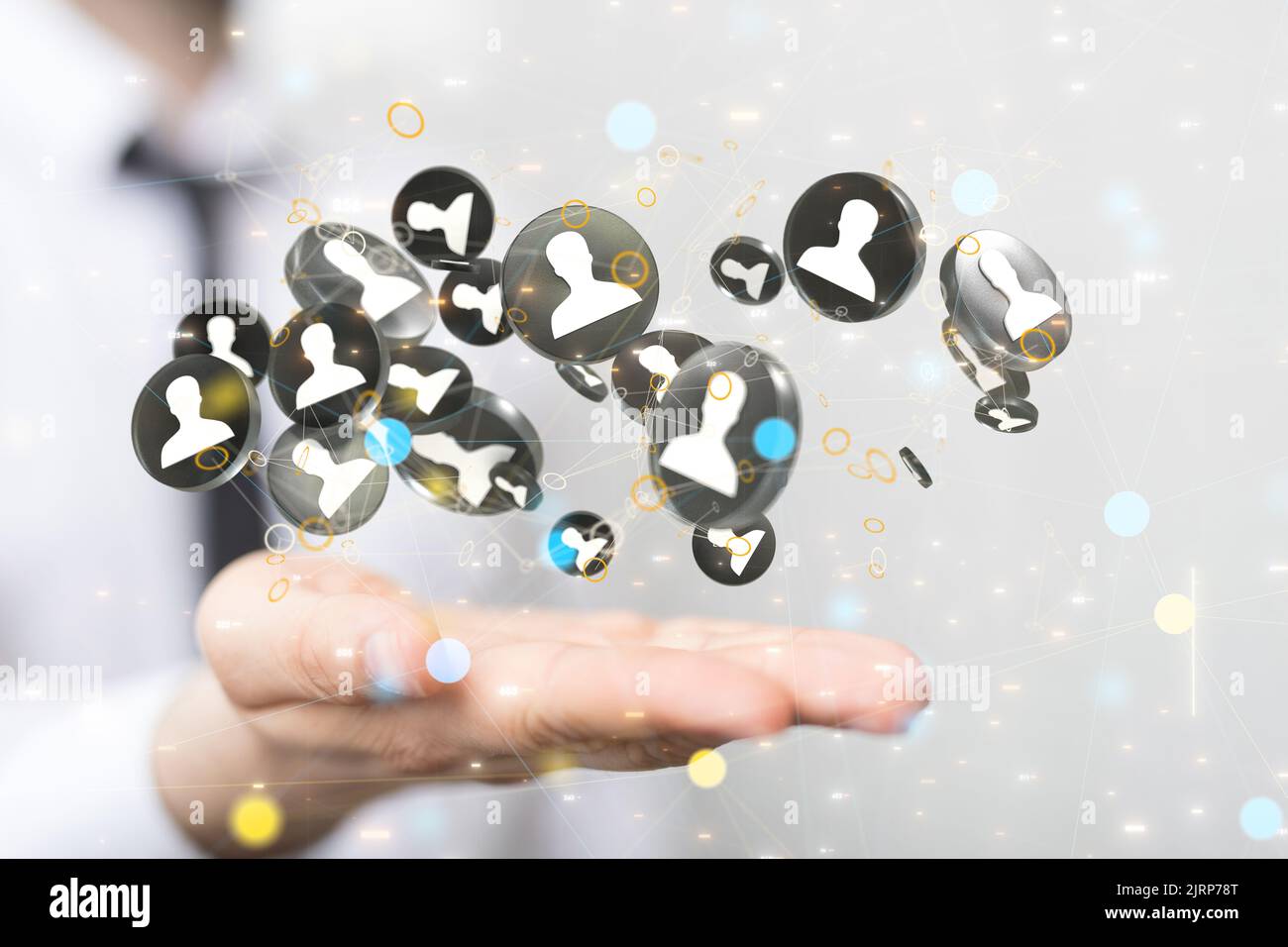A 3d floating digital illustration of connected human icons over a hand ...