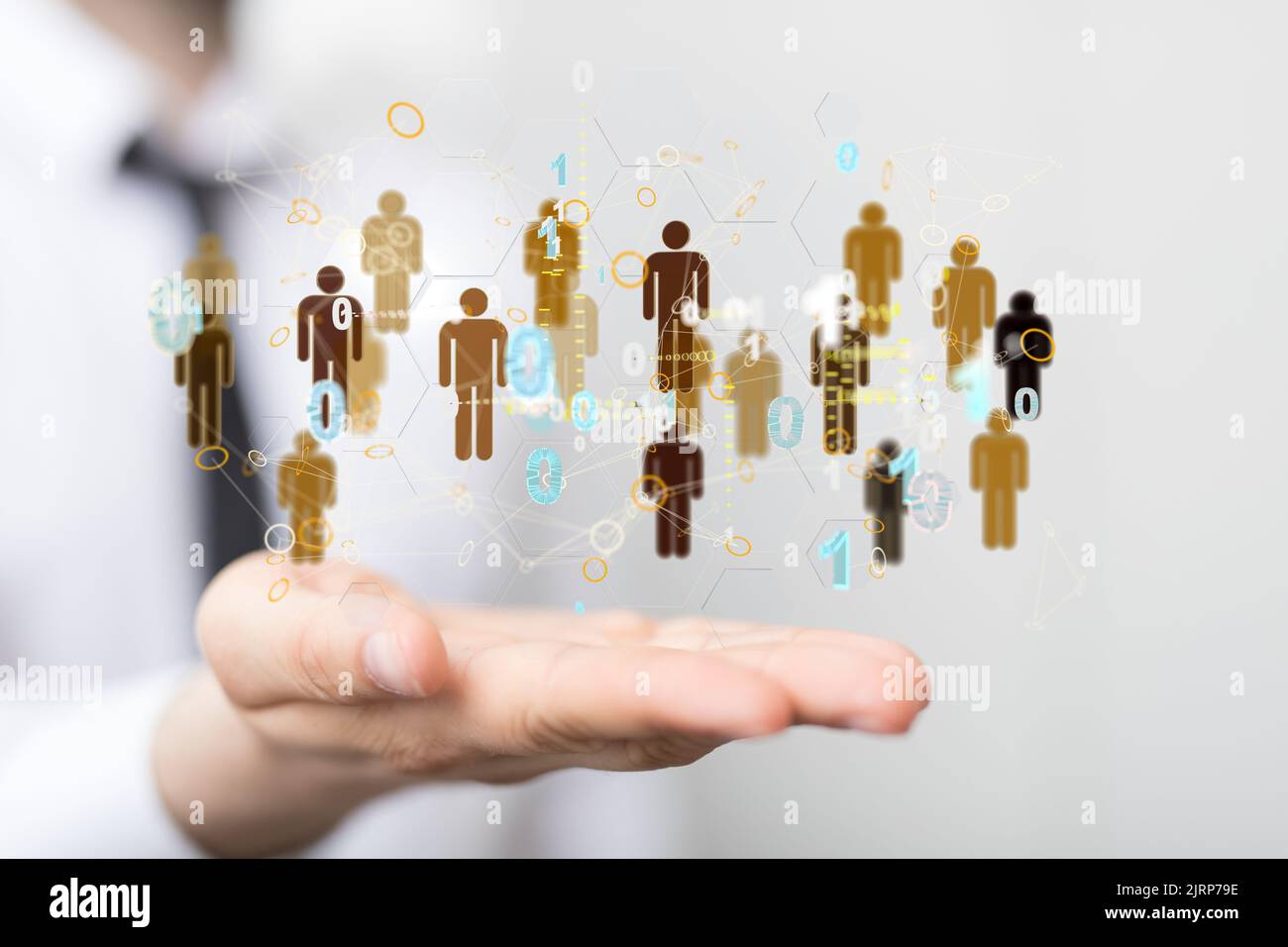 A 3d floating digital illustration of connected human icons over a hand ...
