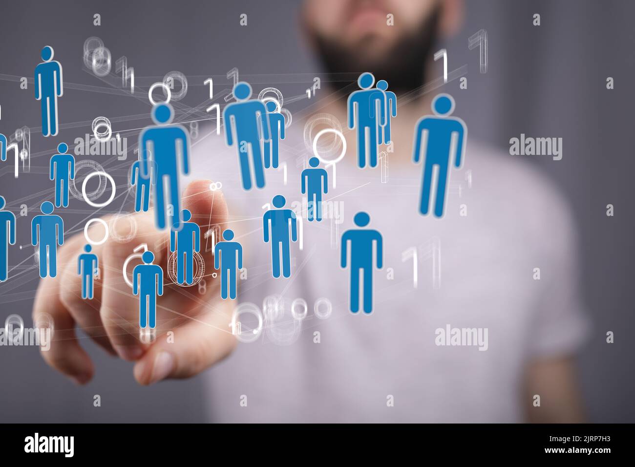 A finger pointing 3d floating digital illustration of the connected human icons-the concept of ...