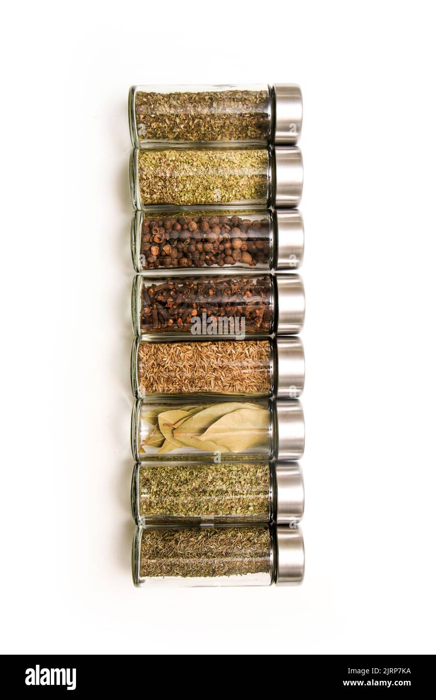The different types of spices and herbs stored inside the small ...