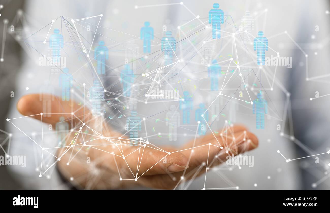 A 3d floating digital illustration of connected human icons over a hand ...