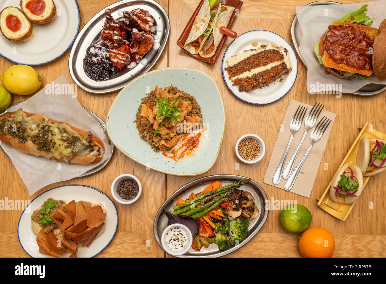 Plate set with delicious international recipes with carrot cake ...