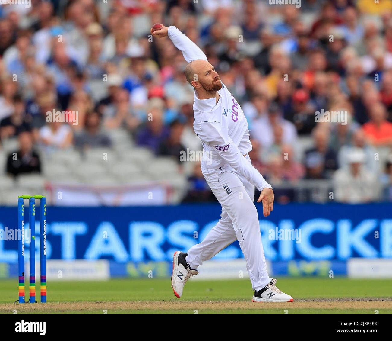Jack Leach bowling for England Stock Photo - Alamy