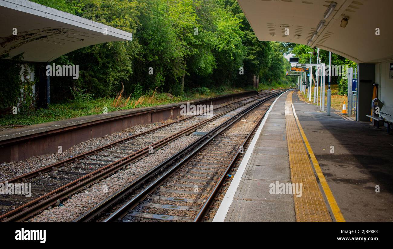 Chessington South Railway Station, south west London, UK; the tracks ...