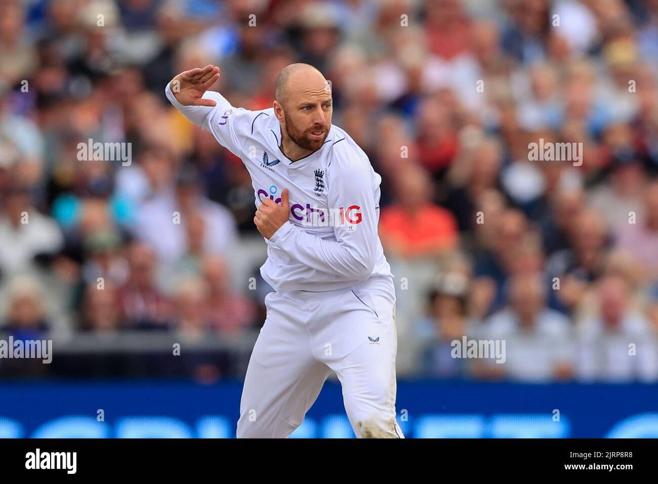 Jack Leach bowling for England Stock Photo - Alamy