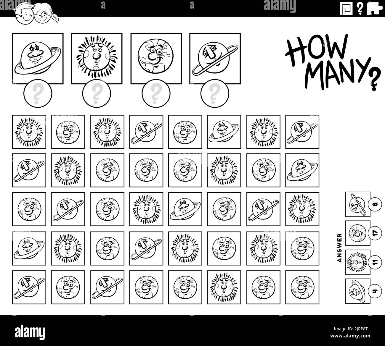 Black and white illustration of educational counting game with cartoon ...