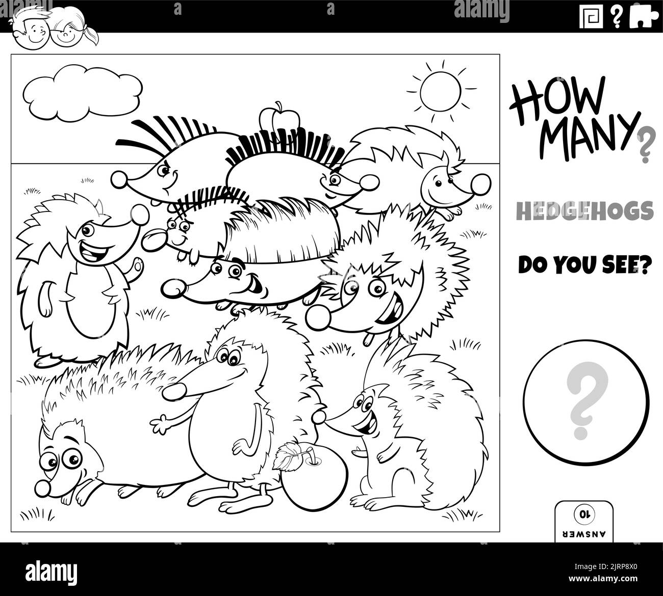 Black and white illustration of educational counting task with cartoon ...