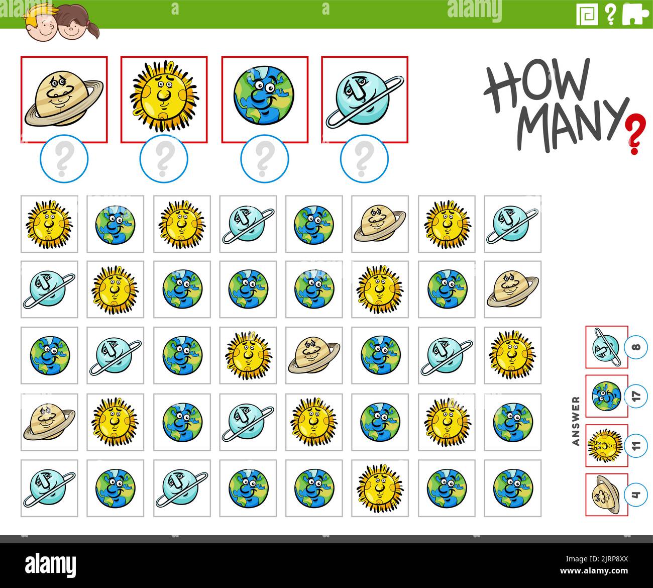 Illustration of educational counting game with cartoon planets ...