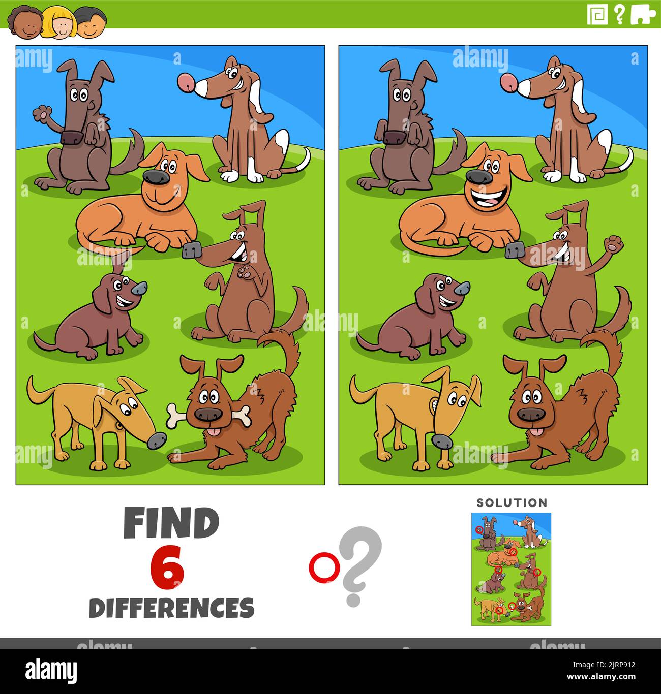 Cartoon illustration of finding the differences between pictures educational game with dogs ...