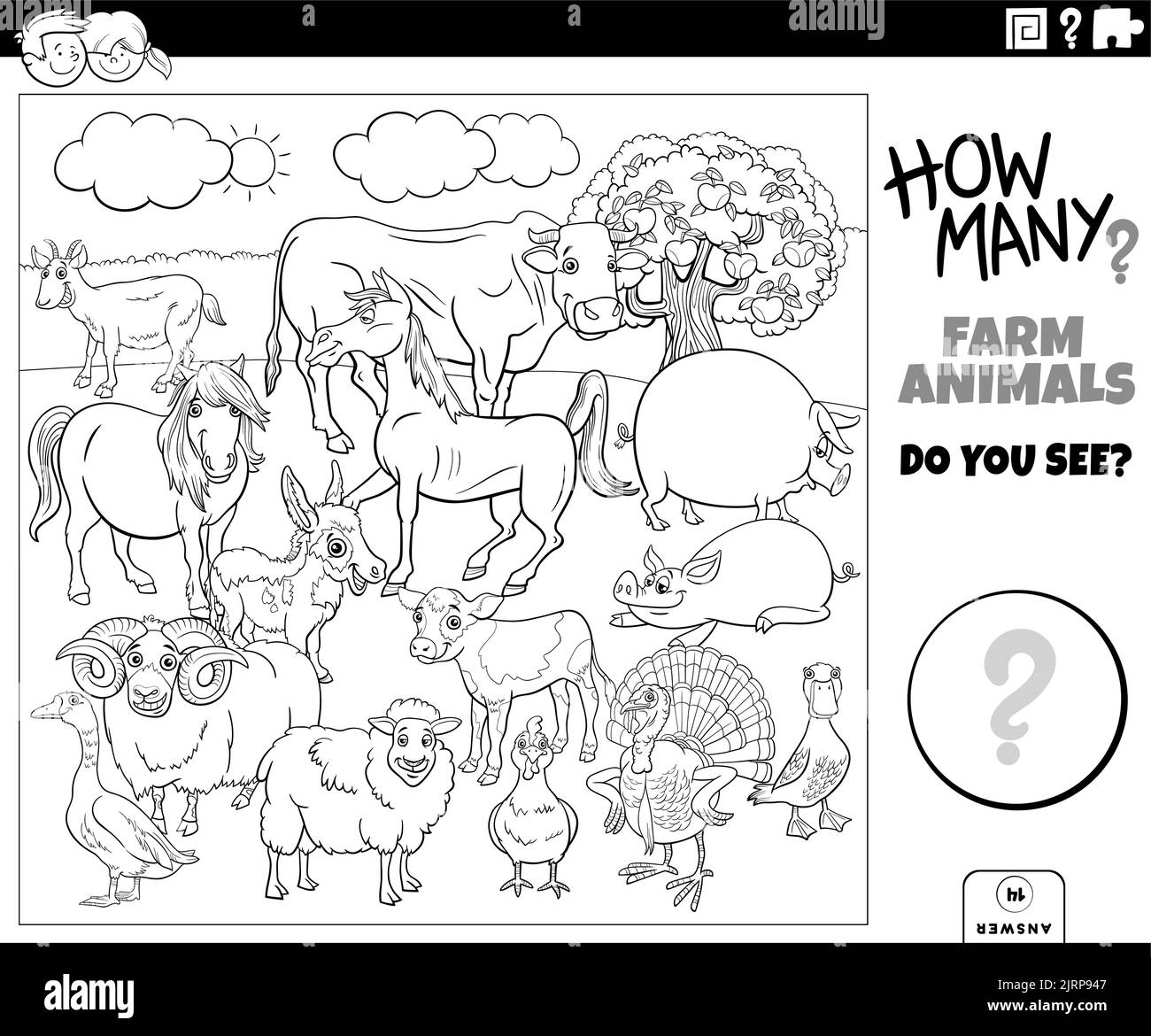 Black and white illustration of educational counting task with cartoon ...