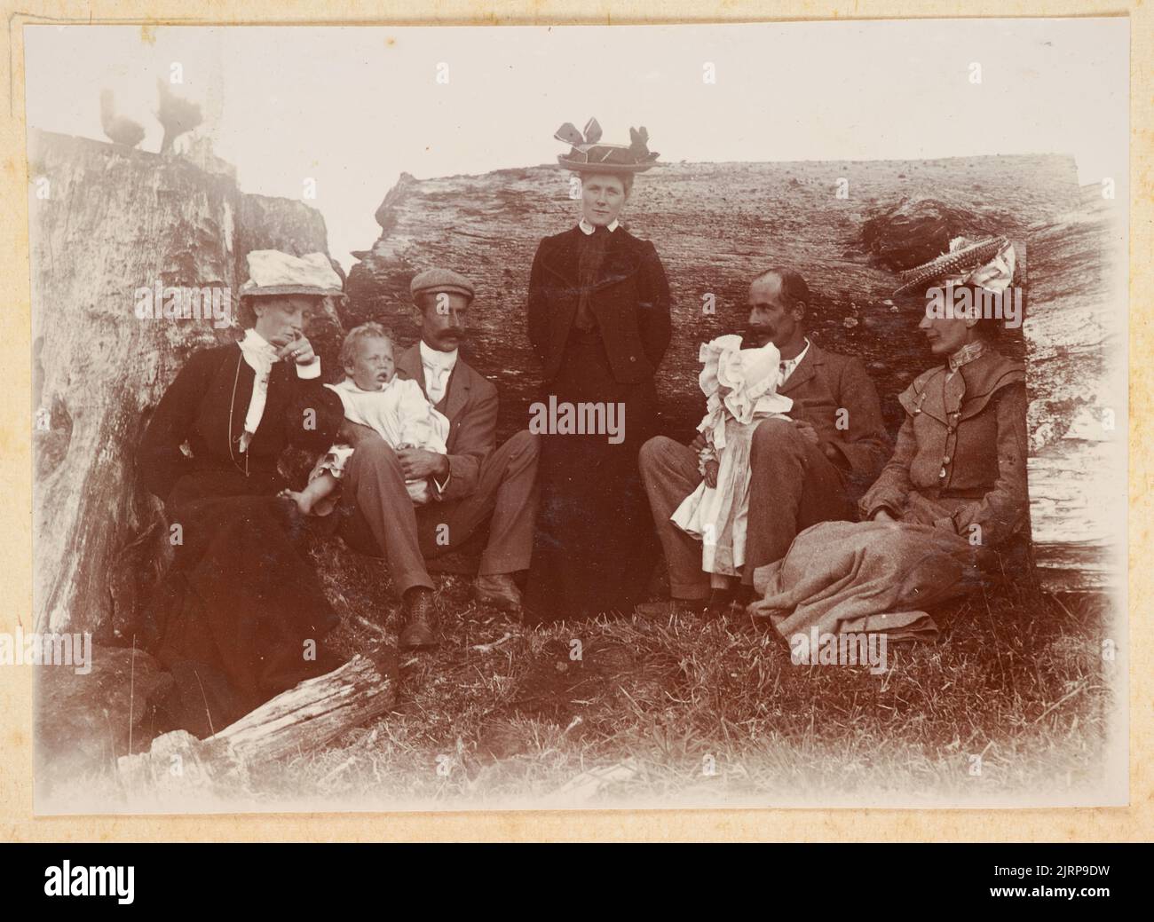 Group portrait. From the album: Snapshot album - Nga Mahanga, circa 1900, Manawat River, maker ...