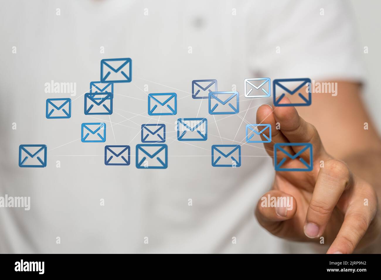 A finger pointing on 3d floating digital illustration of message icons- the concept of ...