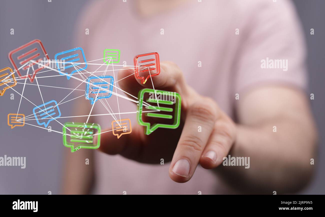 A finger pointing on 3d floating digital illustration of message icons ...