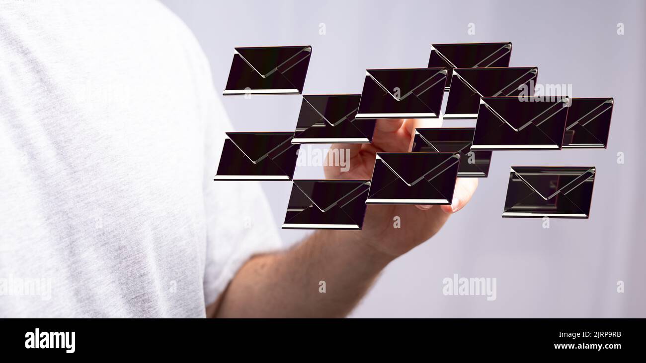 A finger pointing on 3d floating digital illustration of message icons ...
