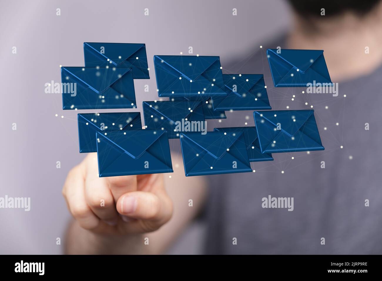 A finger pointing on 3d floating digital illustration of message icons ...