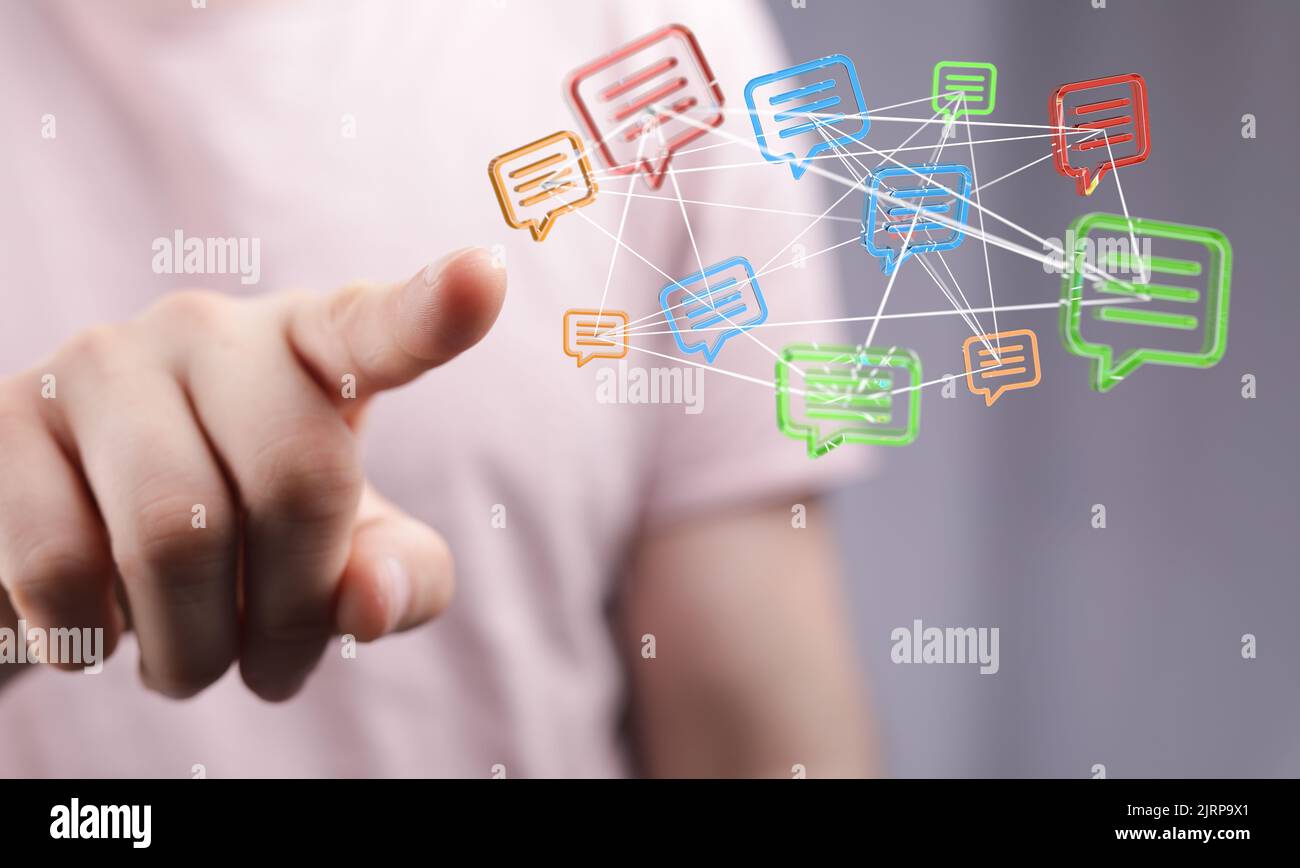 A finger pointing on 3d floating digital illustration of message icons- the concept of ...
