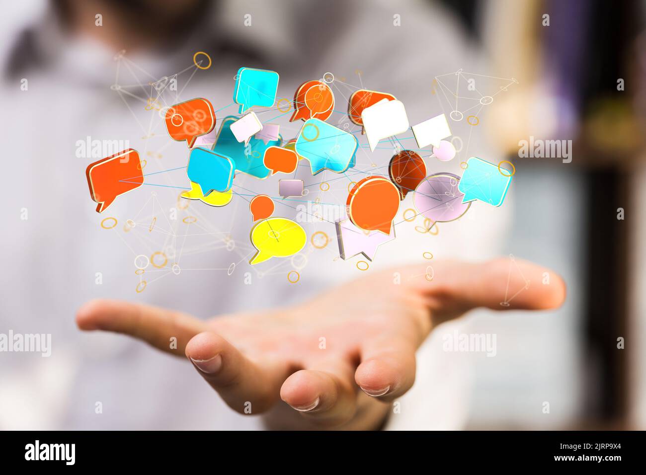 A 3d floating digital illustration of message icons over a hand- the ...