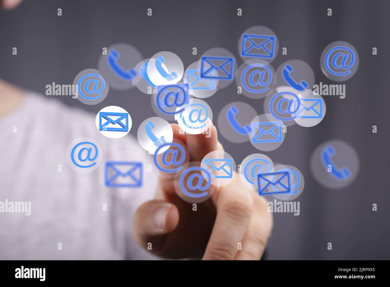 A finger pointing on 3d floating digital illustration of message icons- the concept of ...