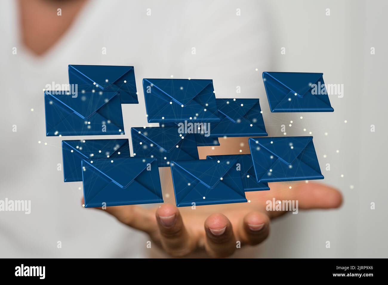 A 3d floating digital illustration of message icons over a hand- the ...