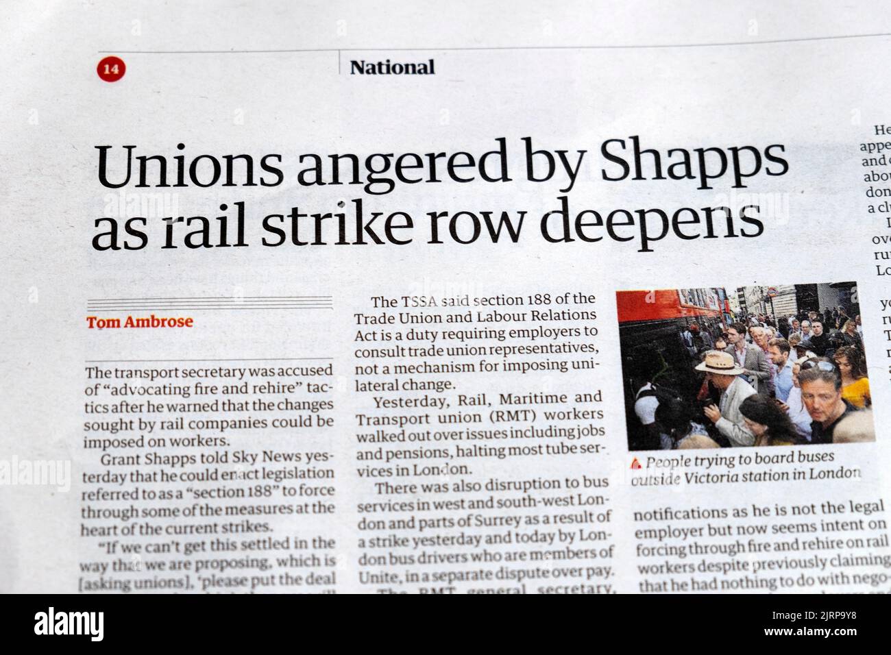 'Unions angered by Shapps as rail strike row deepens' Guardian ...