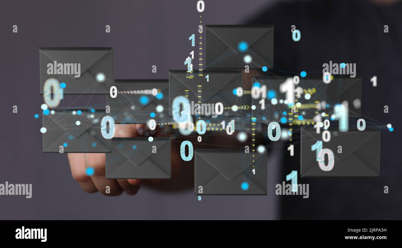 A finger pointing on 3d floating digital illustration of message icons- the concept of ...