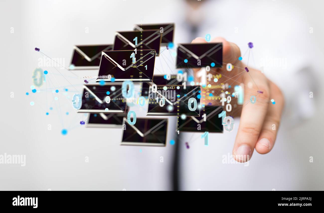 A finger pointing on 3d floating digital illustration of message icons- the concept of ...