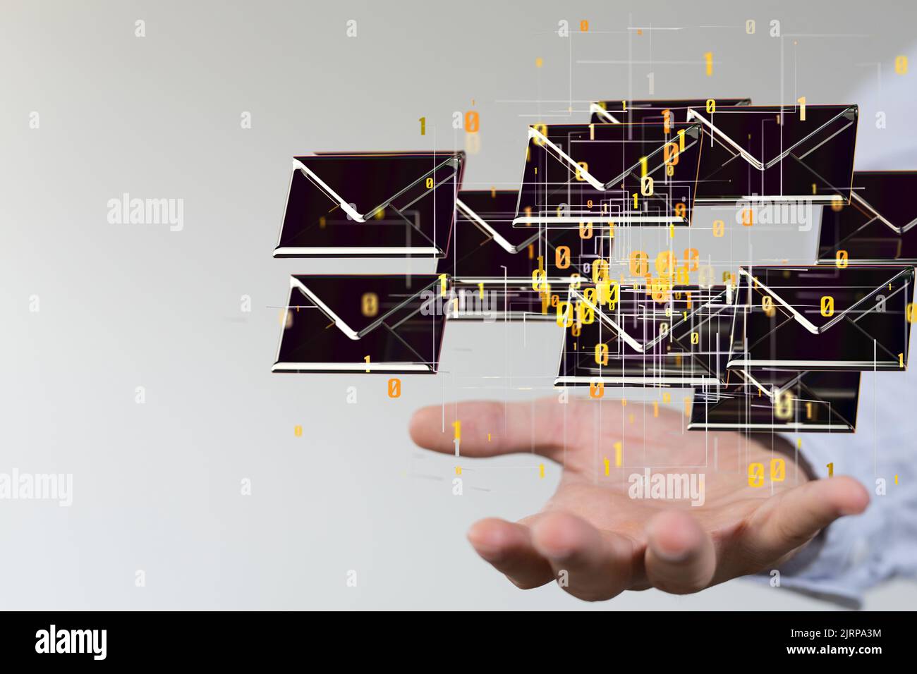 A 3d floating digital illustration of message icons and binary code over a hand- the concept of ...