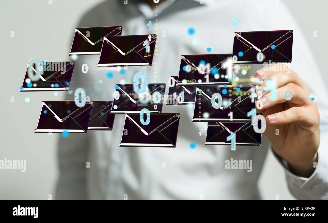 A finger pointing on 3d floating digital illustration of message icons- the concept of ...