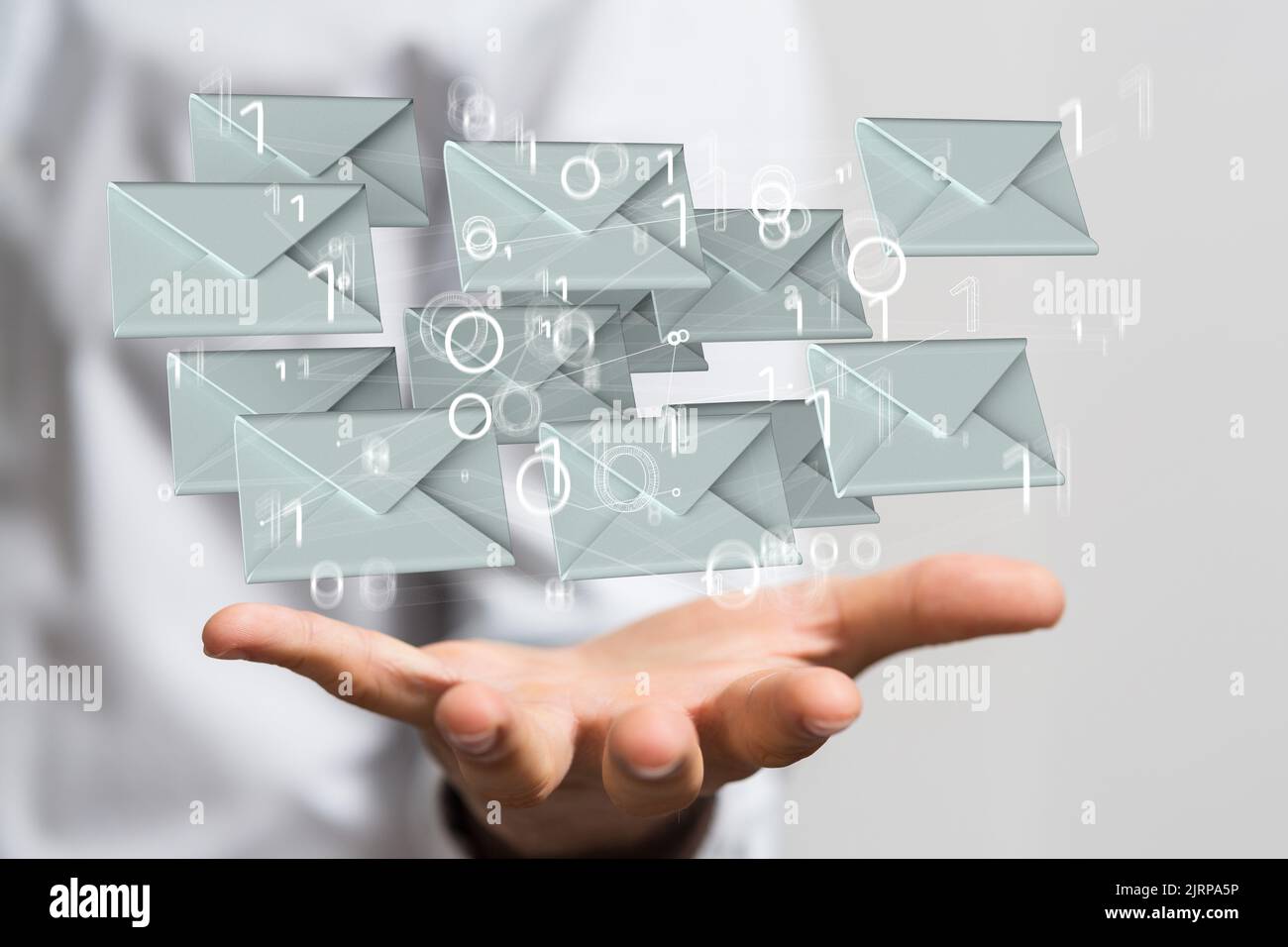 A 3d floating digital illustration of message icons and binary code over a hand- the concept of ...