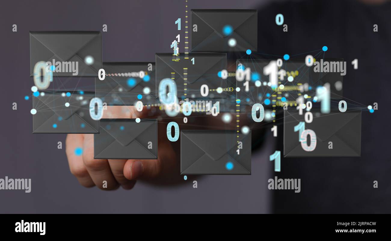 A finger pointing on a 3d floating digital illustration of message icons and binary code Stock ...