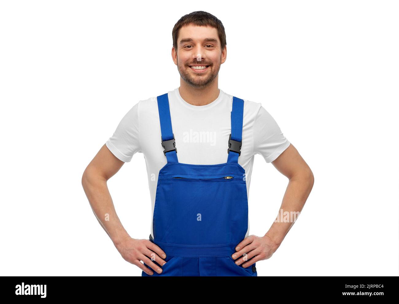 happy smiling male worker or builder in overall Stock Photo - Alamy