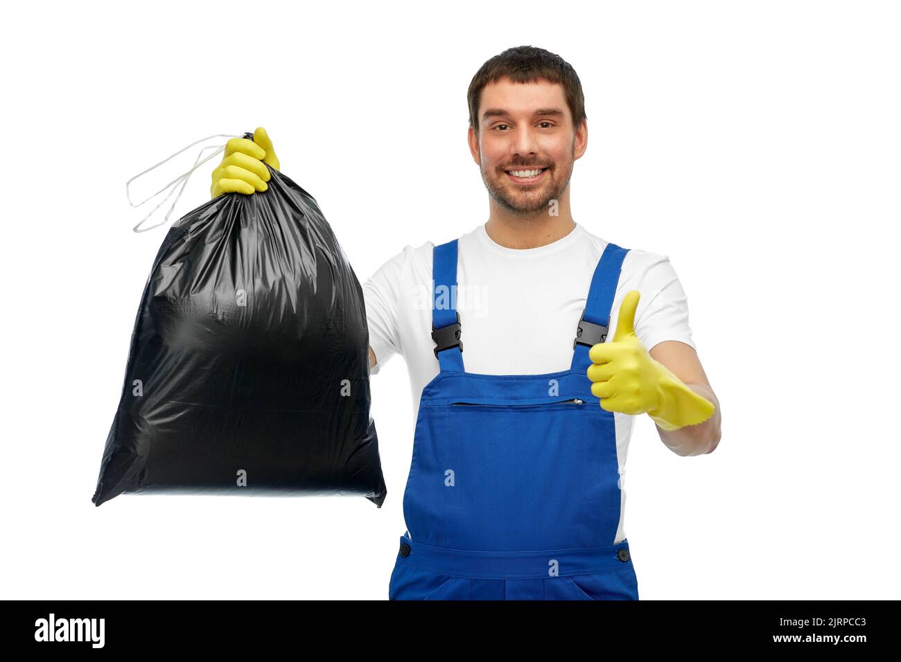 male cleaner with garbage bag showing thumbs up Stock Photo - Alamy