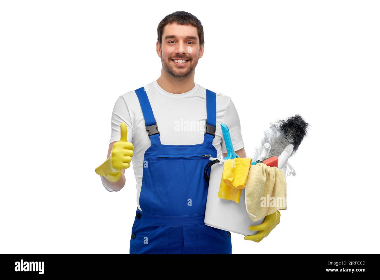male cleaner in overall with cleaning supplies Stock Photo - Alamy