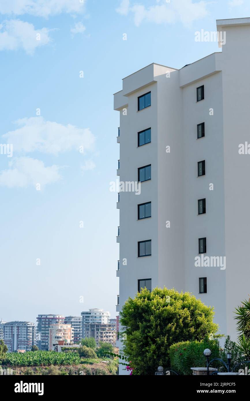 Low angle view of an apartment building with balconies. Residential ...