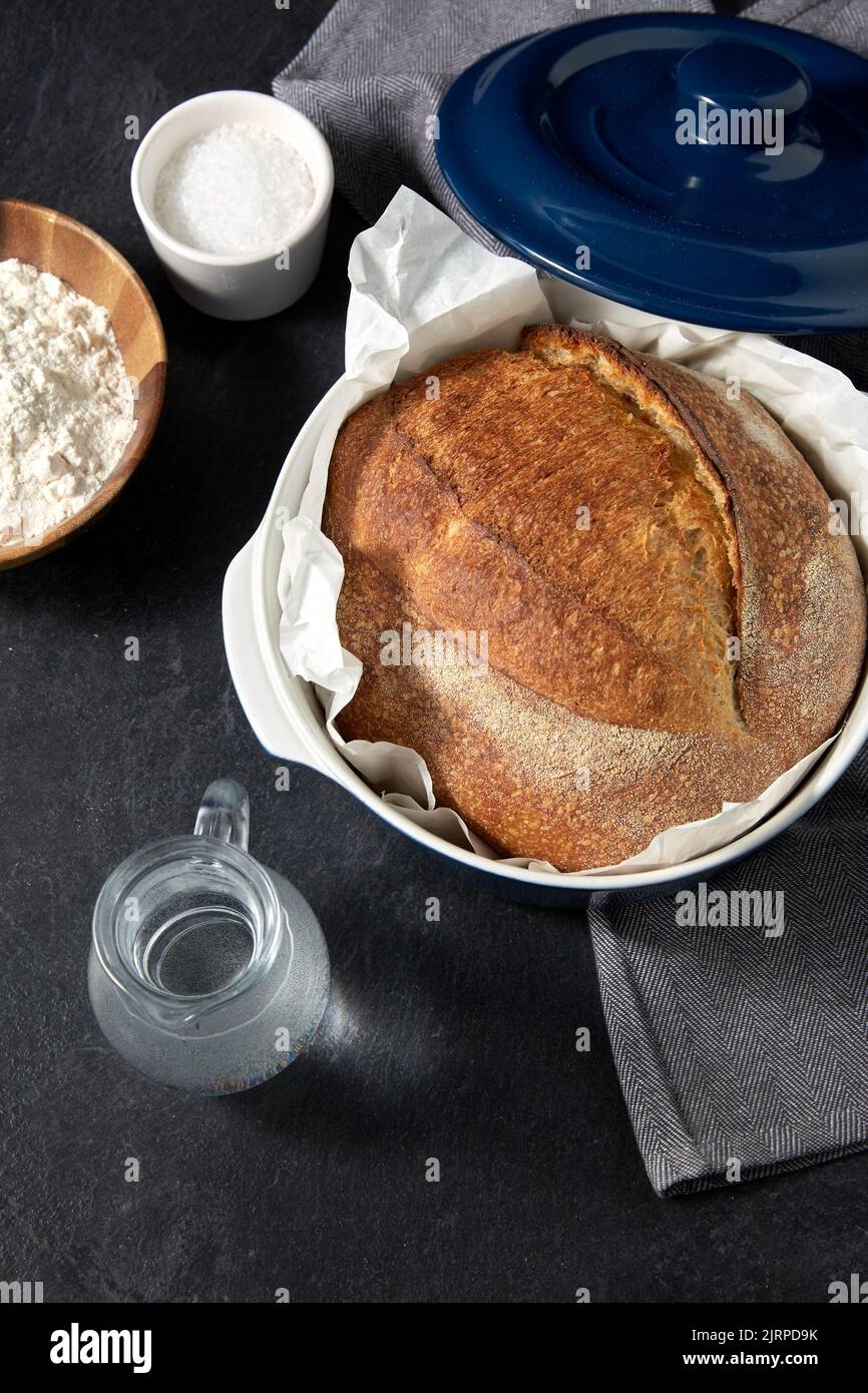 bread, wheat flour, salt and water in glass jug Stock Photo - Alamy
