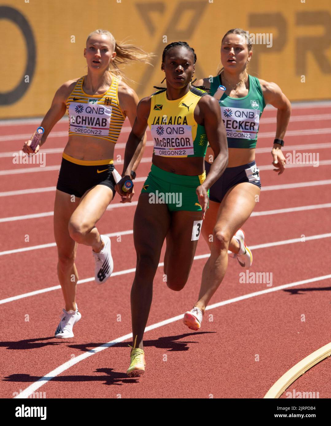 Roneisha McGregor of Jamaica competing in the mixed 4x100m relay heats ...