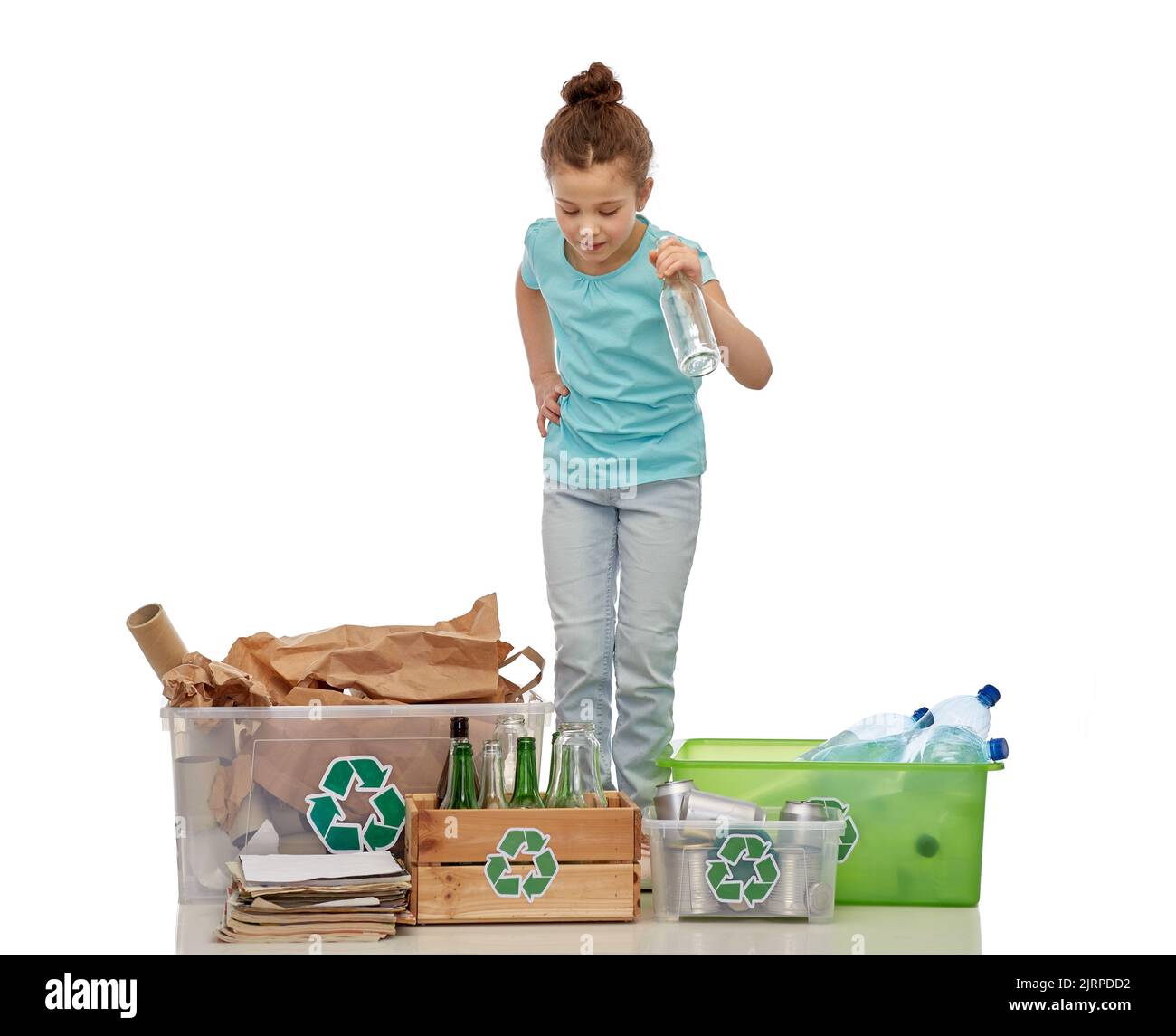 happy girl sorting paper, metal and plastic waste Stock Photo - Alamy