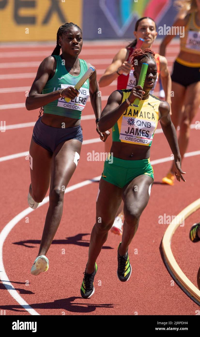 Tiffany James competing in the mixed 4x100m relay heats at the World ...