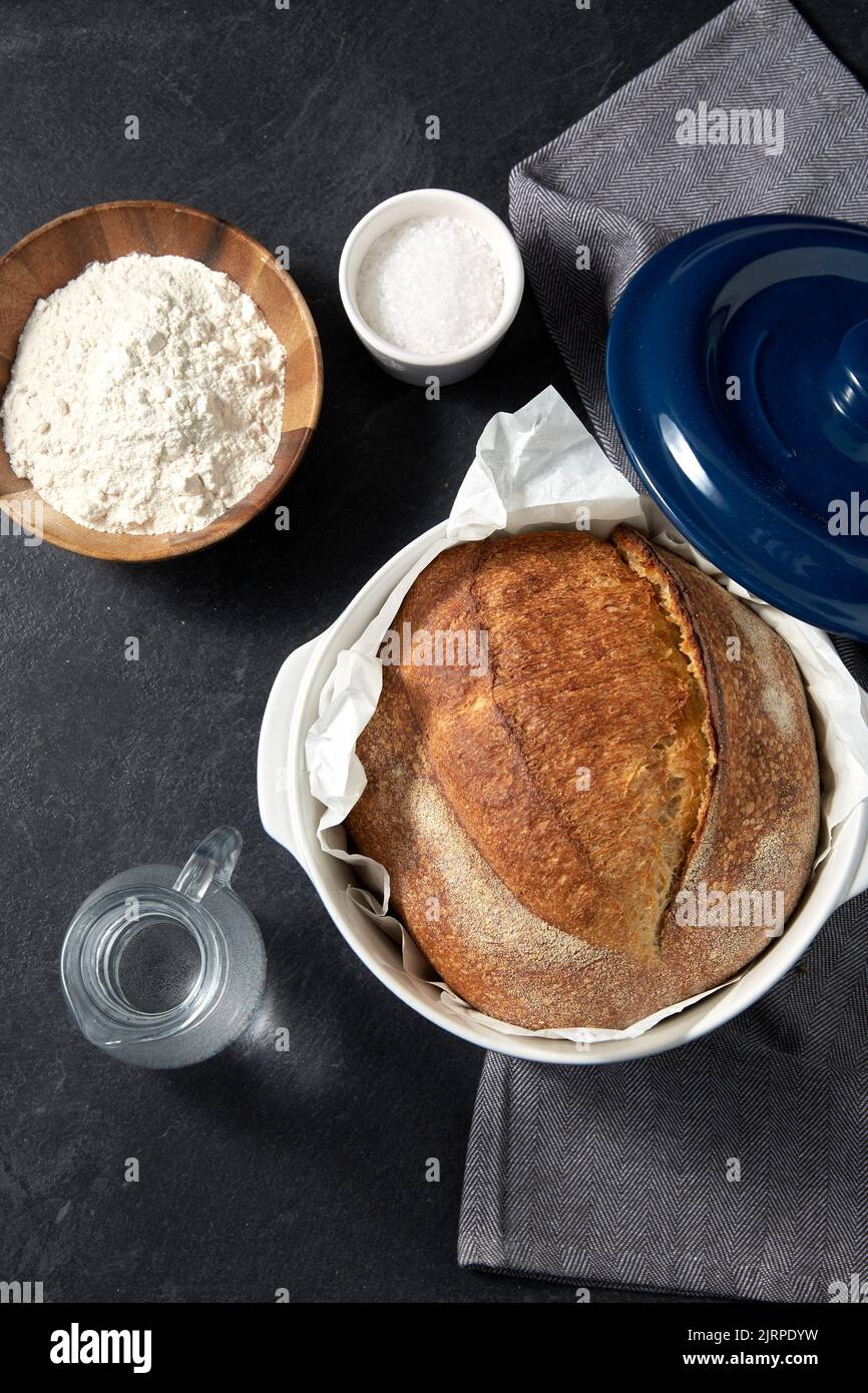 bread, wheat flour, salt and water in glass jug Stock Photo - Alamy