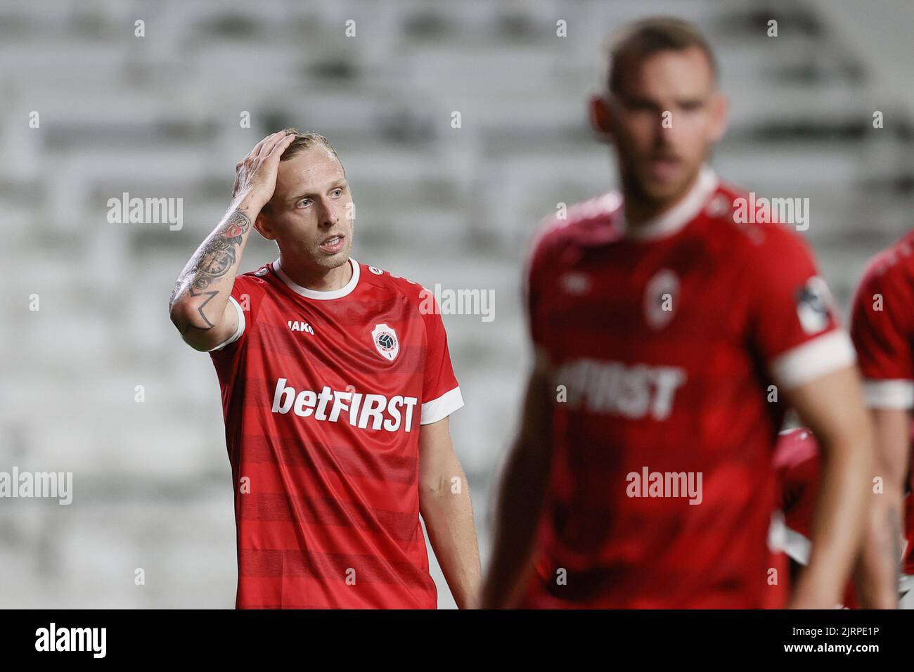 Antwerp's Ritchie De Laet reacts during a soccer game between Belgian ...