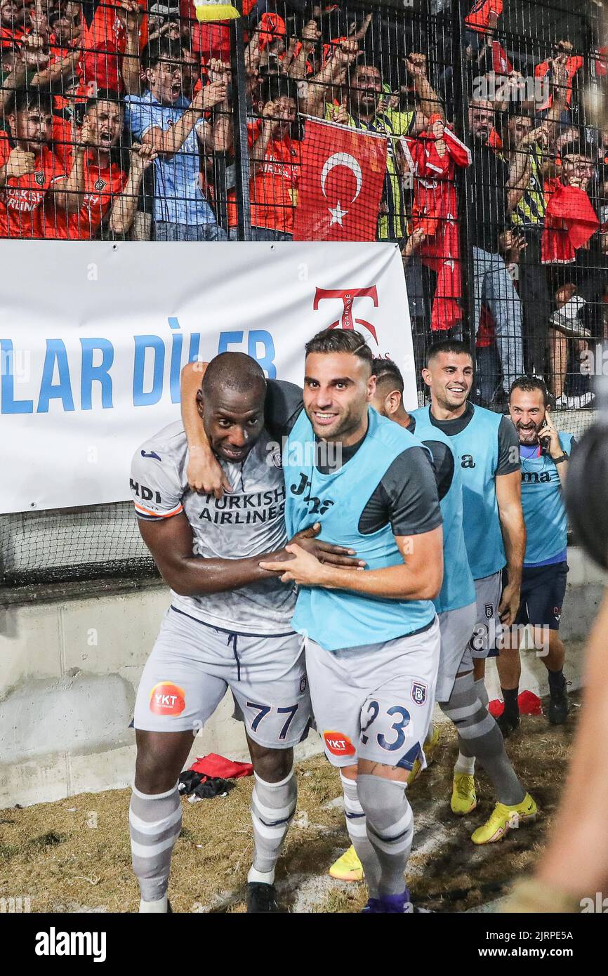 Basaksehir's Stefano Okaka celebrates after scoring during a soccer ...