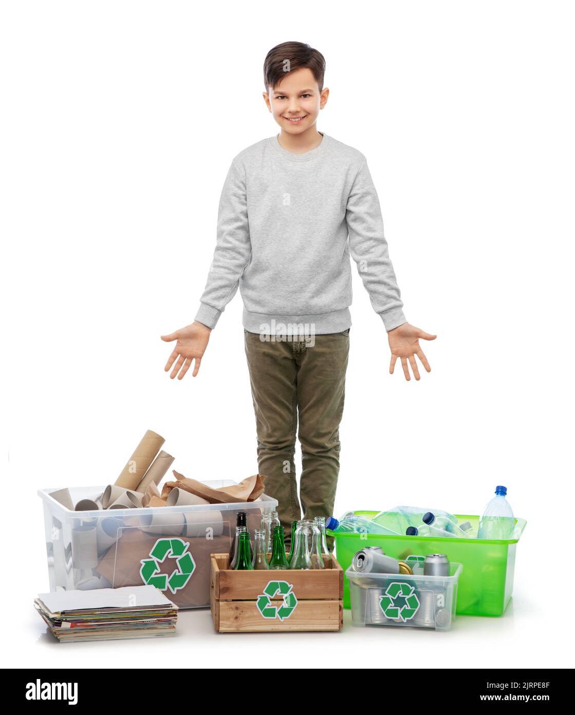 smiling boy sorting paper, metal and plastic waste Stock Photo - Alamy