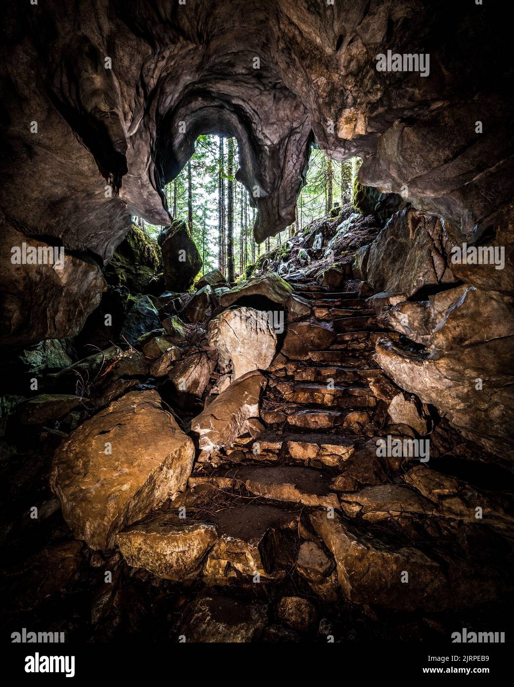 A cave view from inside in Vancouver Island,British Columbia with stone ...