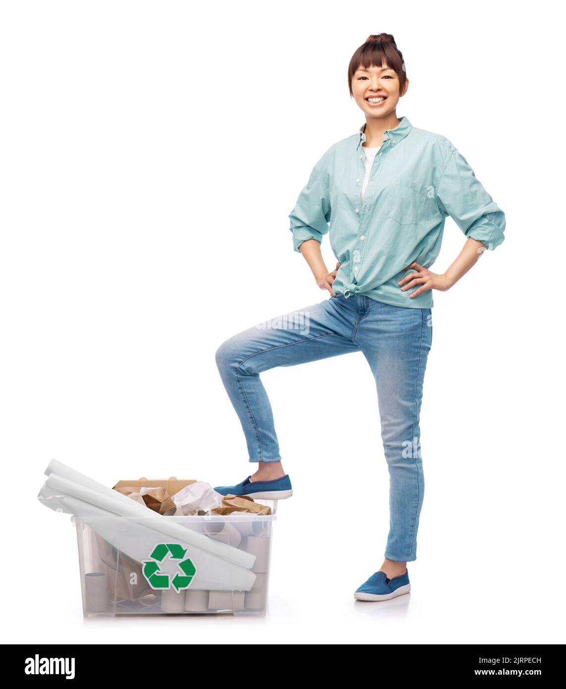 happy smiling asian woman sorting paper waste Stock Photo - Alamy
