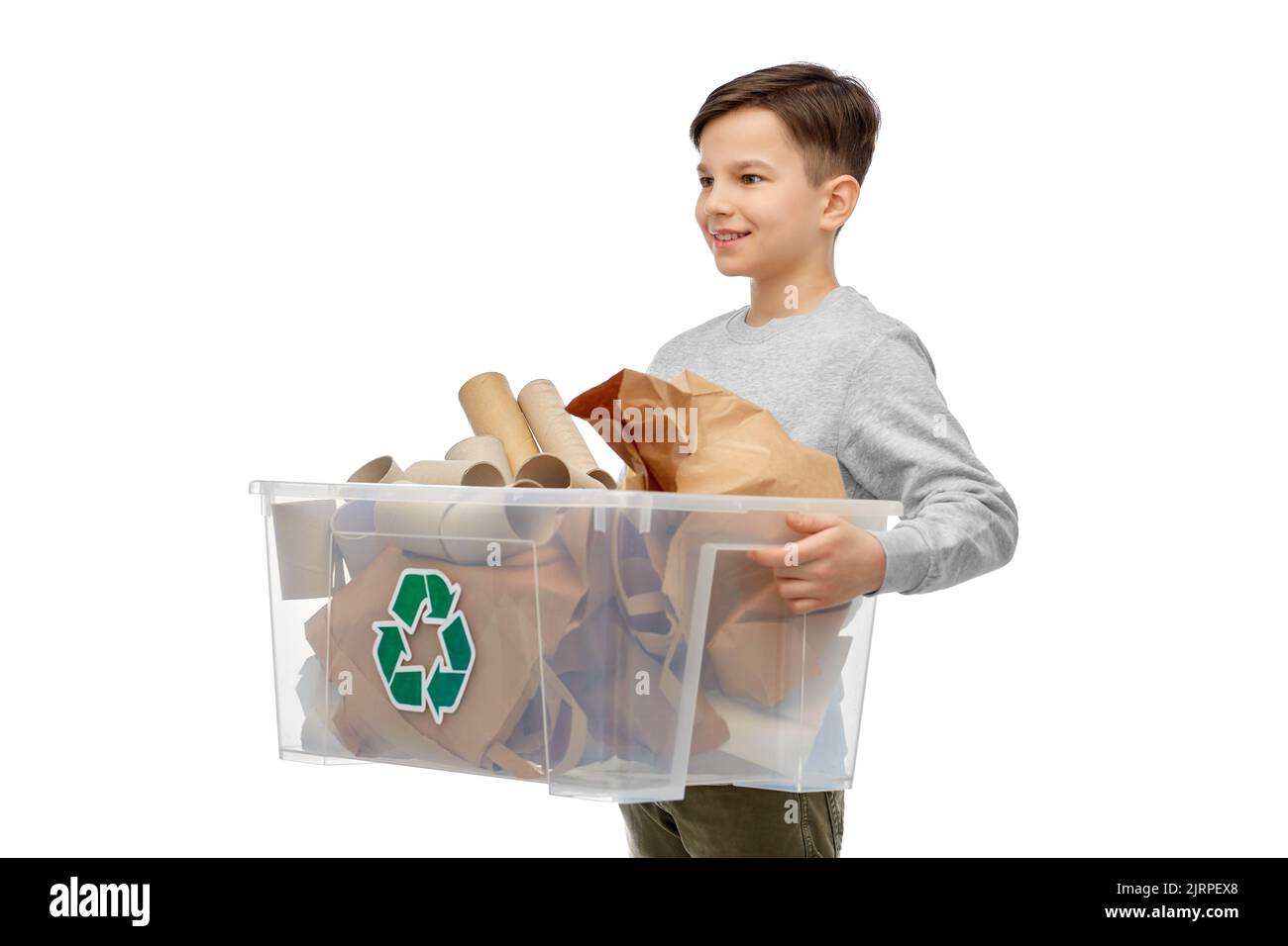 smiling boy sorting paper waste Stock Photo - Alamy